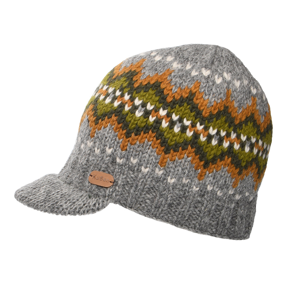 Kusan Brooklyn Fair Isle Peaked Beanie Hat - Grey-Olive – Village Hats